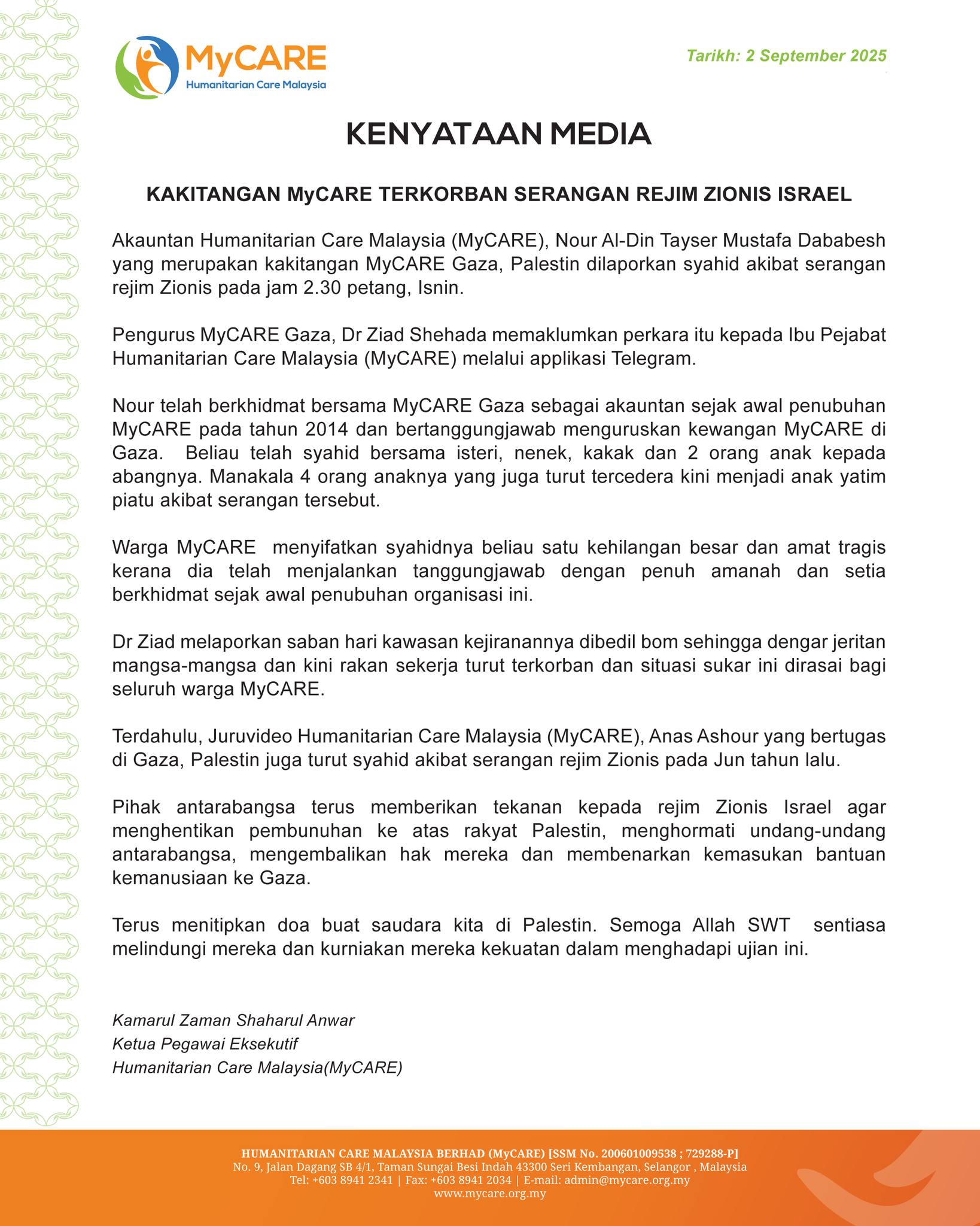[KenyataanMedia] Kakitangan MyCARE terkorban serangan rejim Zionis ...